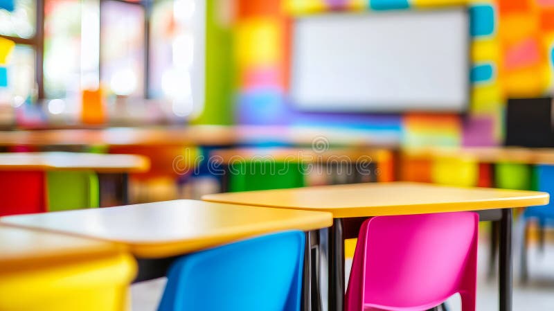 Abstract Blur Classroom Interior with Desks and Whiteboard Stock ...