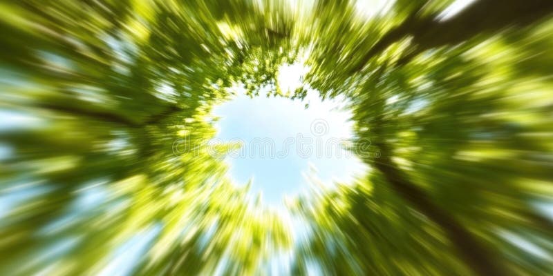 Abstract Blur of Green Tree Canopy and Blue Sky through Leafy Forest ...