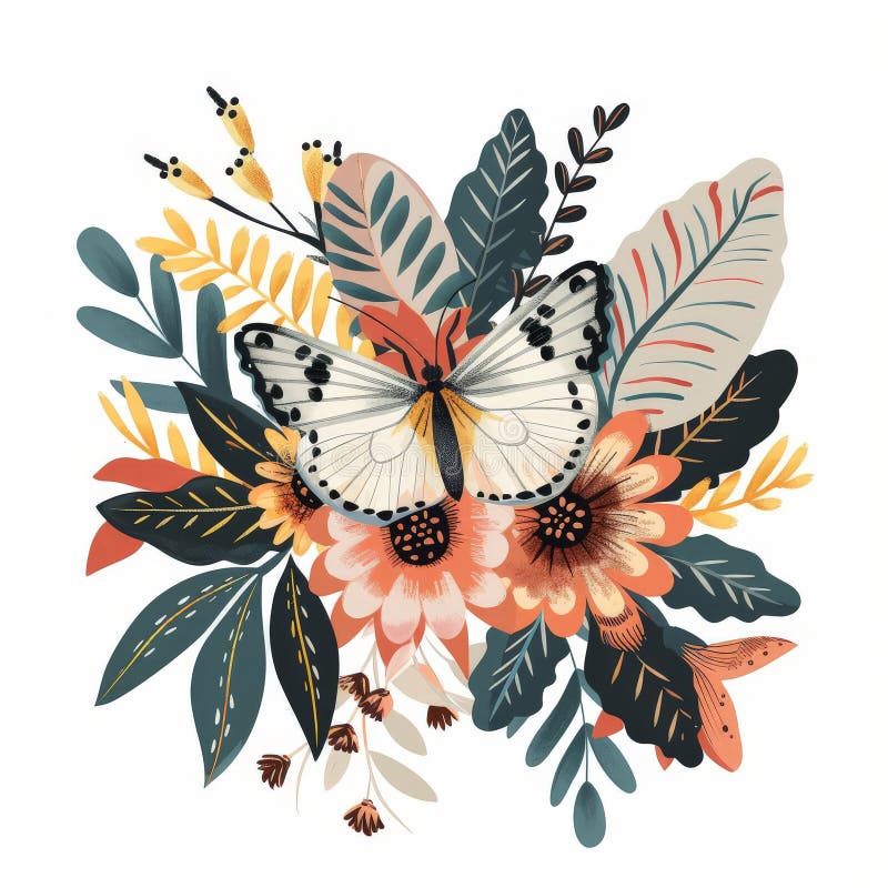 Abstract Boho Botanical Flower and Leaves with Butterfly Illustration ...
