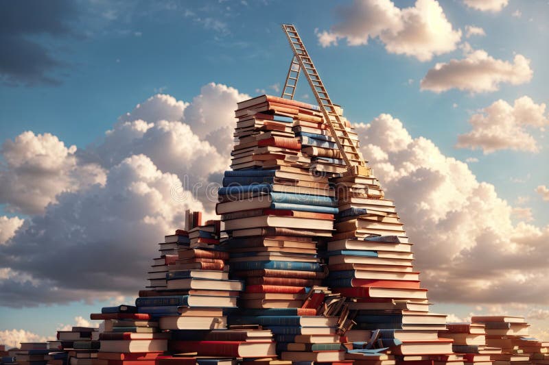 Abstract Book Stack with Ladder on Sky with Clouds. Ai Generative Stock ...