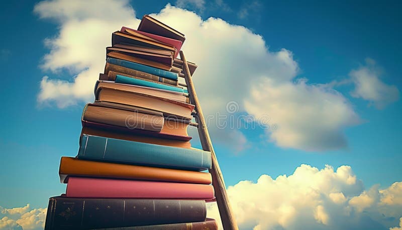 Abstract Book Stack with Ladder on Sky with Clouds Background. Stock ...