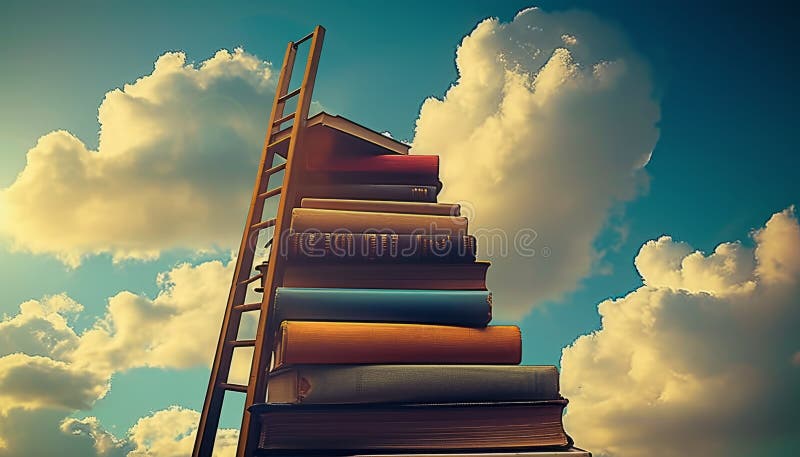 Abstract Book Stack with Ladder on Sky with Clouds Background. Stock ...