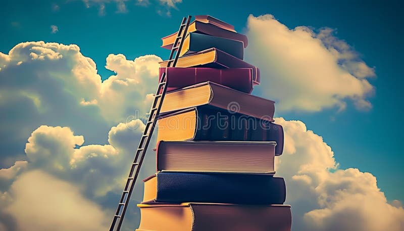 Abstract Book Stack with Ladder on Sky with Clouds Background. Stock ...