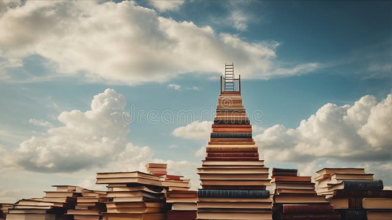 Abstract Book Stack with Ladder on Sky with Clouds Background Stock ...