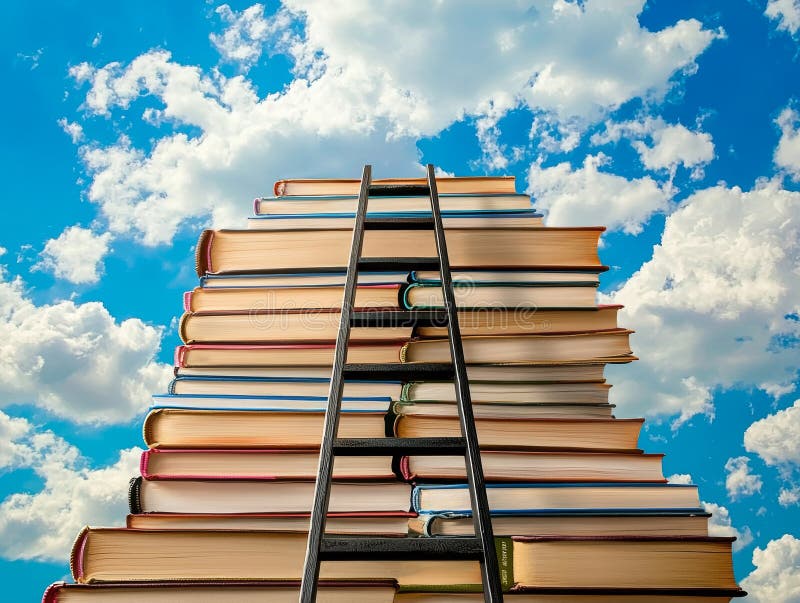 Abstract Book Stack with Ladder on Sky with Clouds Background. Stock ...