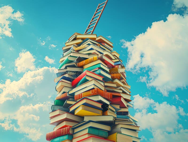 Abstract Book Stack with Ladder on Sky with Clouds Background. Stock ...