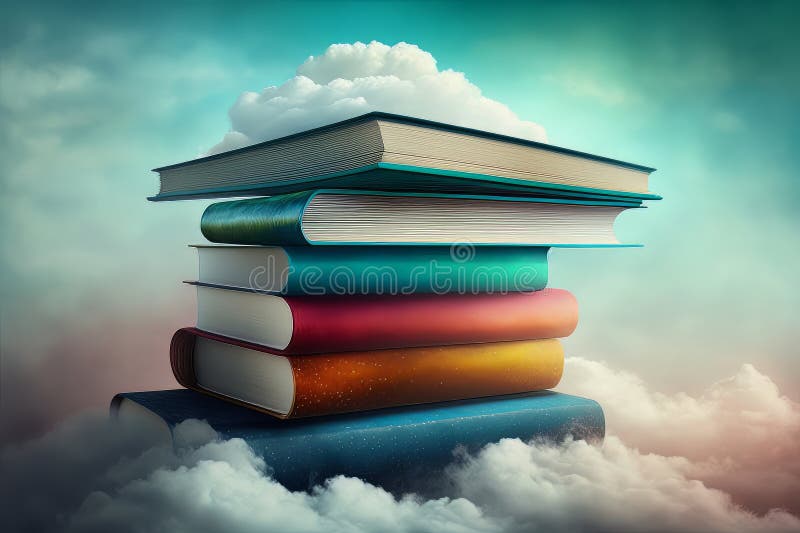 Abstract Book Stack with Ladder on Sky with Clouds Background ...