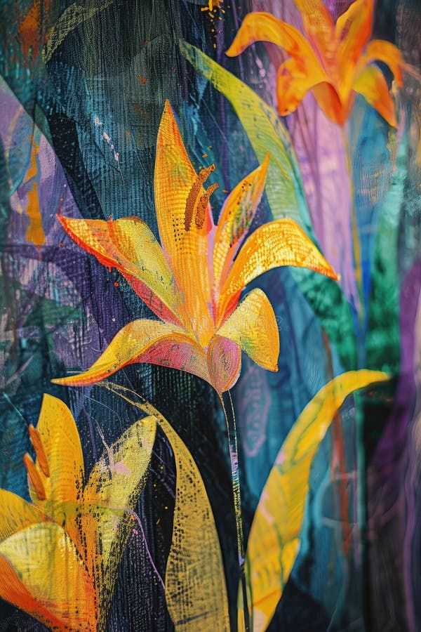 Abstract Botanical Artwork with a Vibrant Depiction of Orange Lilies ...