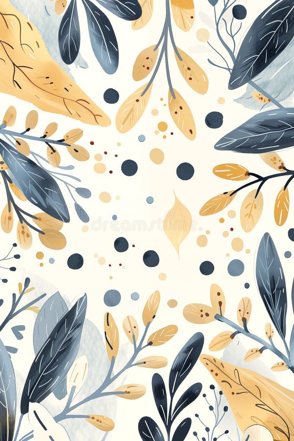 Abstract Botanical Leaves and Dots Pattern with Yellow and Blue Colors ...