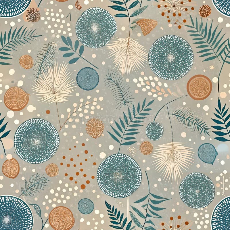 Abstract Botanical Pattern with Leaves and Circles in Earth Tones Stock ...
