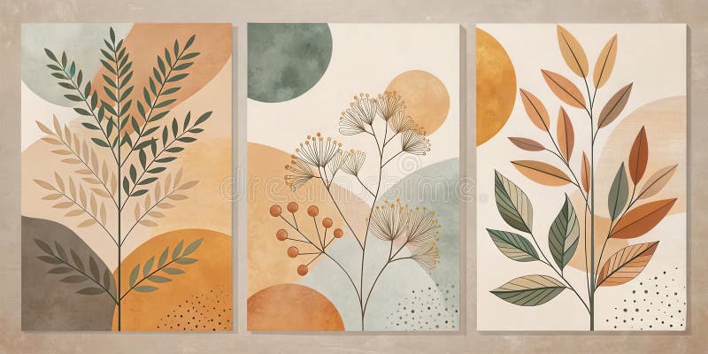 Abstract Botanical Triptych Earthy Tones and Organic Shapes Featuring ...