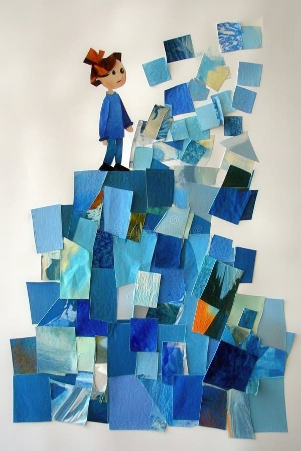 Abstract Boy with Cascading Blue Paper Squares Stock Photo - Image of ...