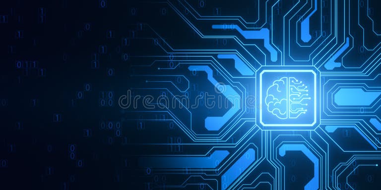 Abstract Brain and Binary Code Circuit on Blue Backdrop. Chip, Data, Ai, and Future Concept ...