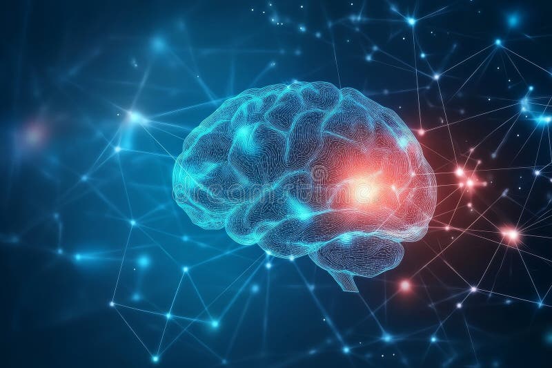 Abstract Brain with Glowing Connections on Blue Background. Stock ...