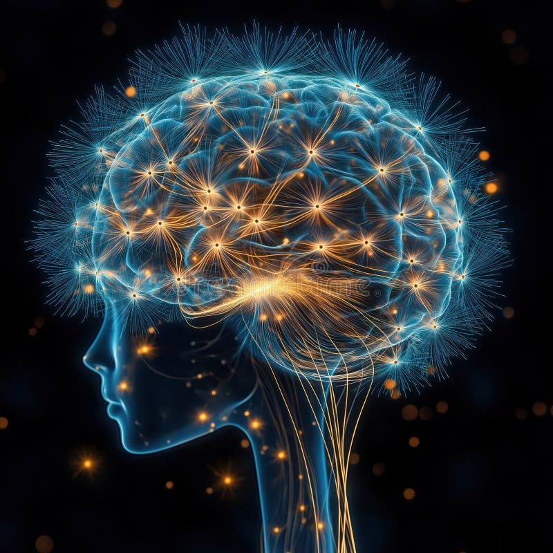 Abstract Brain Illustration Vibrant Colors Glows at Night. Neural ...