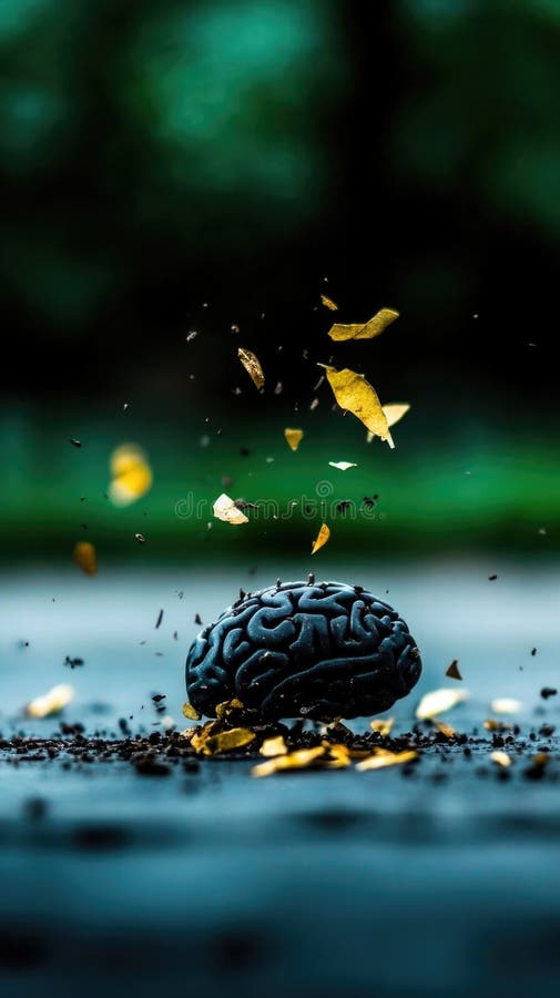 Abstract Brain Sculpture with Falling Gold Leaves in Outdoor Setting ...