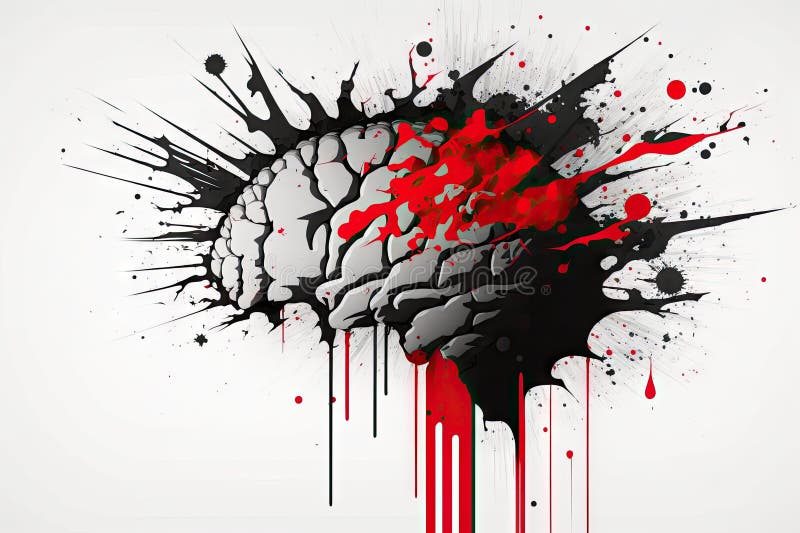 Abstract Brain Shape in Black and White Background with Red Splashes ...