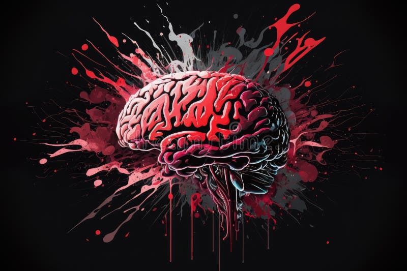 Abstract Brain with Splashes of Red Stains on Dark Background Digital ...
