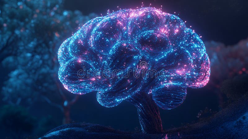 Abstract Brain Tree Glowing Neural Network in Dark Forest Stock Image ...