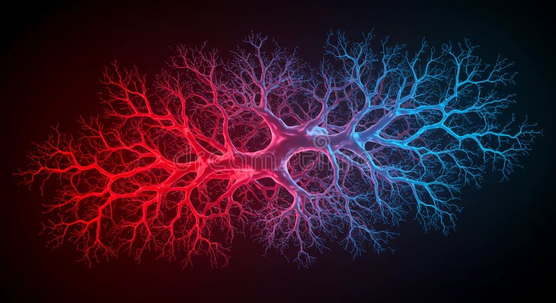 Abstract Branching Network Glowing Red and Blue on Dark Background ...