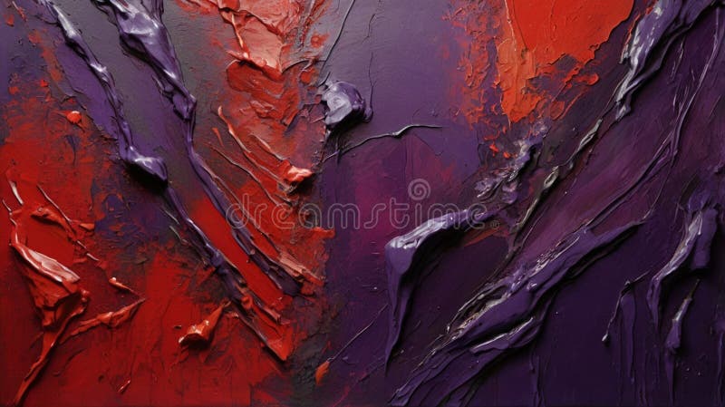A Close-up View of a Red and Purple Abstract Oil Painting on Canvas ...