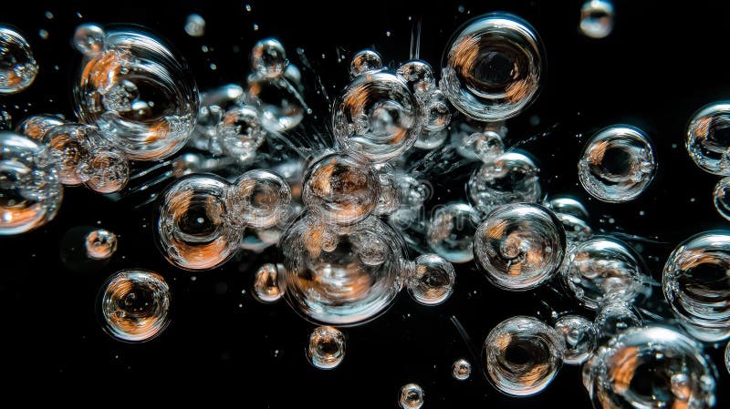 Abstract Bubbles in Motion with Reflective Surfaces on Black Background ...