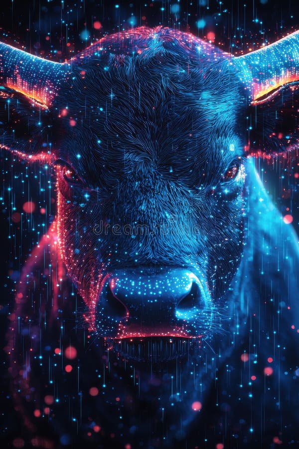 Abstract Bull with Glowing Effects on a Technological Digital ...