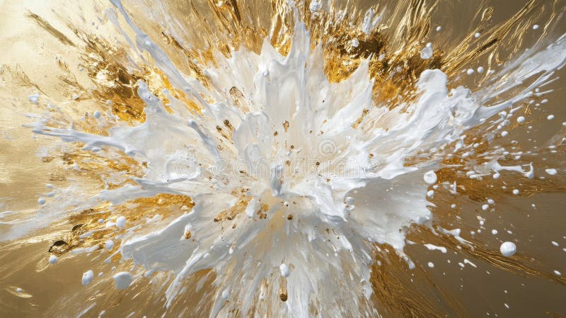 Abstract Burst of Gold and White Paint on a Dark Canvas Showcasing a ...