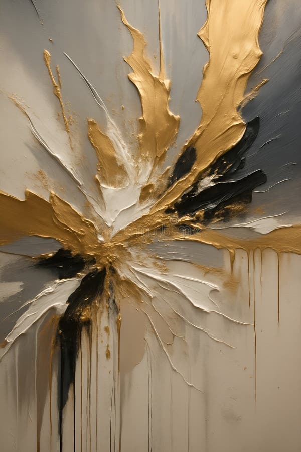 Abstract Burst Painting with Gold, Black, and White Textures on Gray ...