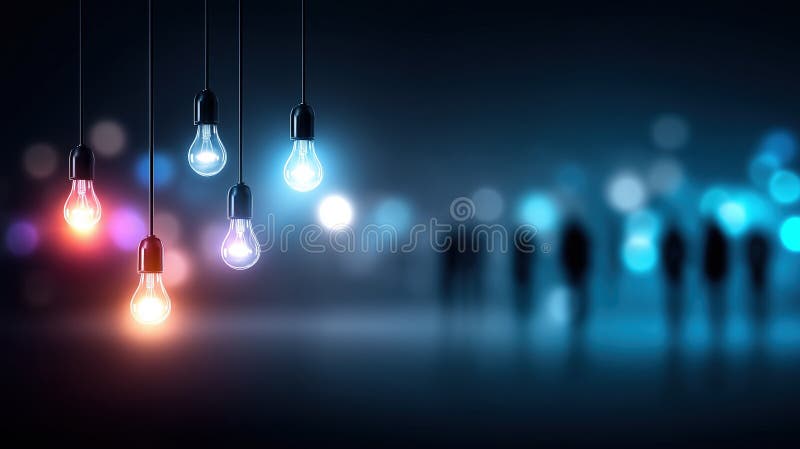 Hanging Light Bulbs Glowing in a Dark Environment with Silhouetted ...