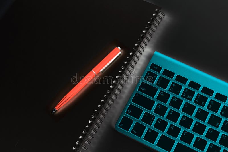 Abstract Business Workplace. Wireless Computer Keyboard, Notebook and ...