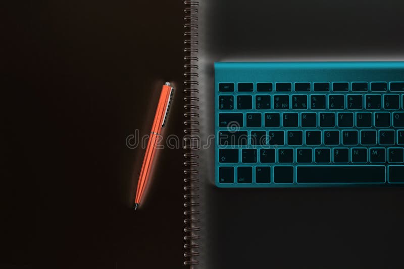 Abstract Business Workplace. Wireless Computer Keyboard, Notebook and ...