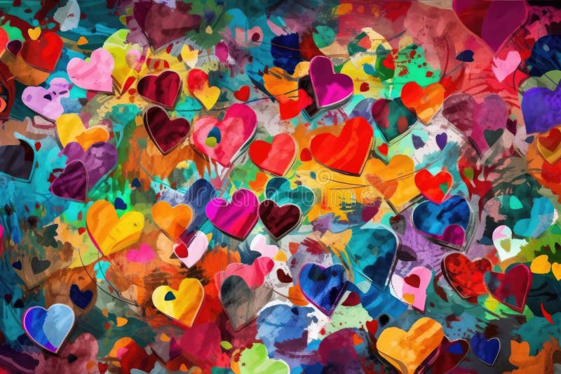 Abstract Canvas Bursts with Multicolored Hearts. Generative AI Stock ...