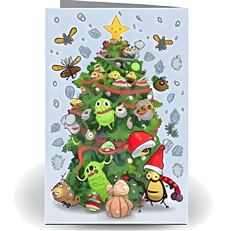 Abstract Card Depicting a Christmas Tree and Tiny Creatures. Christmas Card As a Symbol of ...