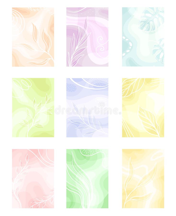 Abstract Cards with Foliage Shapes and Fluid Backdrop Vector Set Stock ...