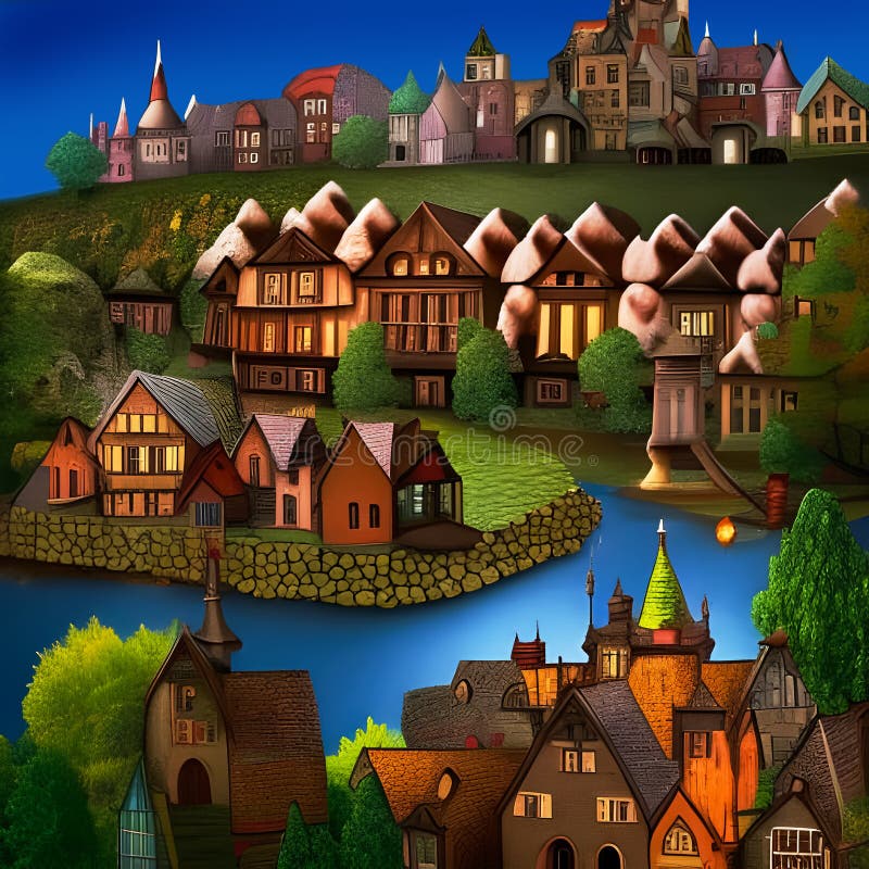 Abstract cartoon old town stock illustration. Illustration of stream ...