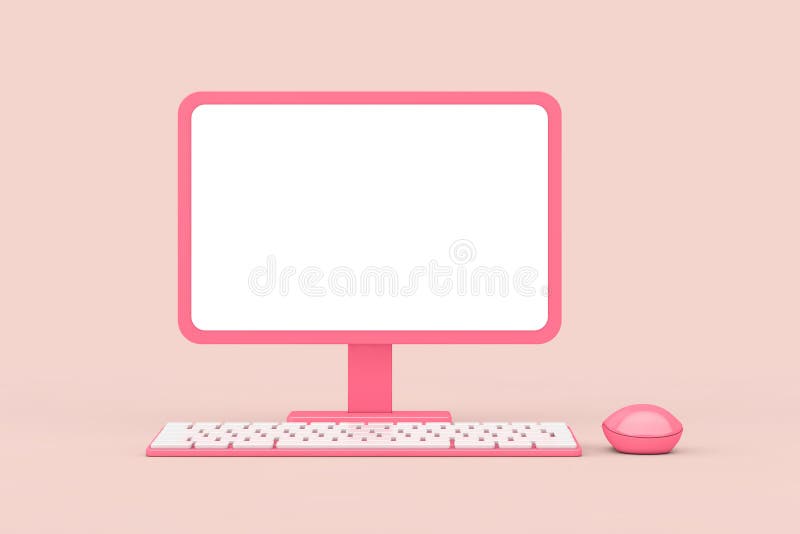 Abstract Cartoon Pink Desktop Computer with Mouse, Keyboard and Blank ...