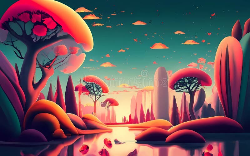 Abstract Cartoon Style 3d Natural Landscape Render Stock Illustration ...