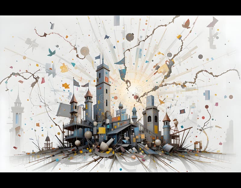 Abstract Castle Construction Art with Bursting Light Effect Stock ...