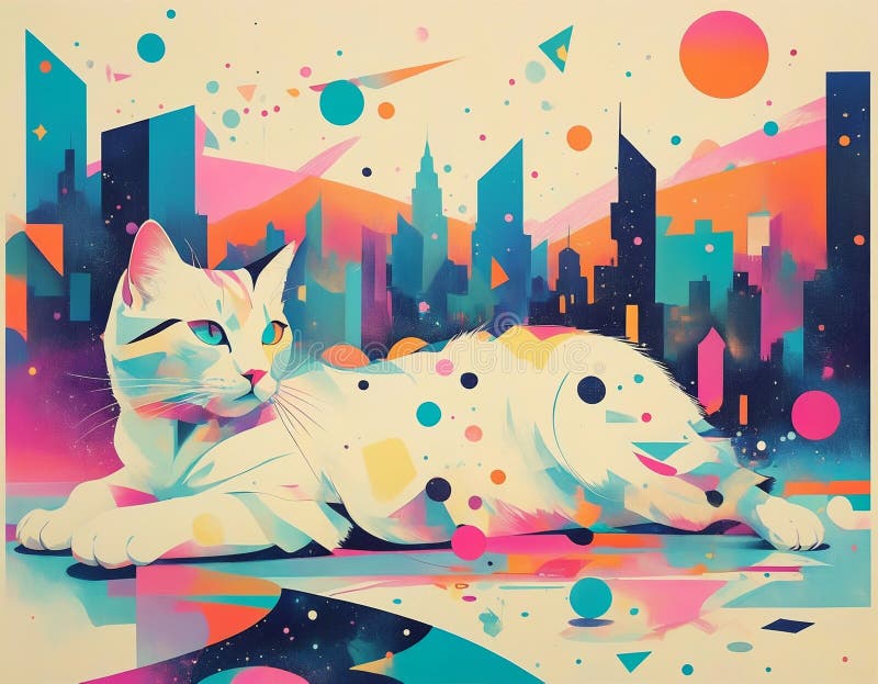 Abstract Cat Composition By Modern Artist Neon Color Palette Floating Geometric Shapes