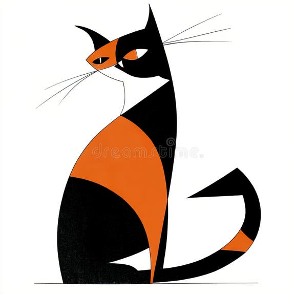 Abstract Cat with Sharp Lines, Angular Design in Orange Black White ...