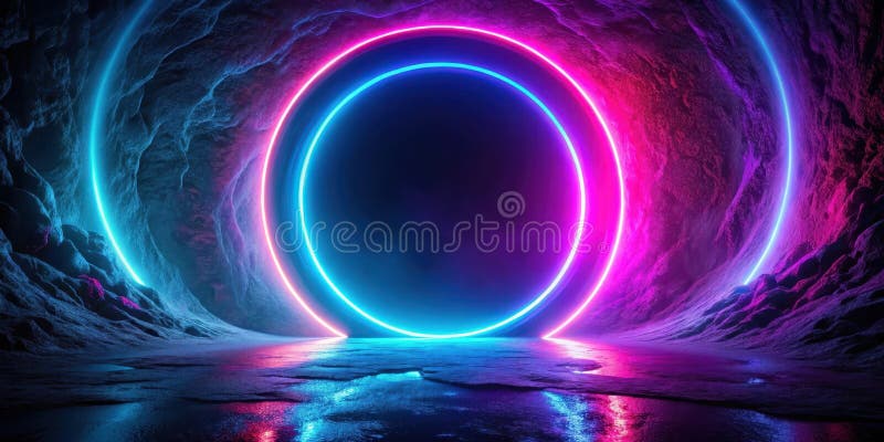 Abstract Cavernous Landscape with Vibrant Neon Circular Light ...