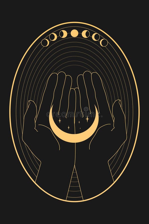 Abstract Celestial Emblem with Human Hands Holding Crescent and Stars ...