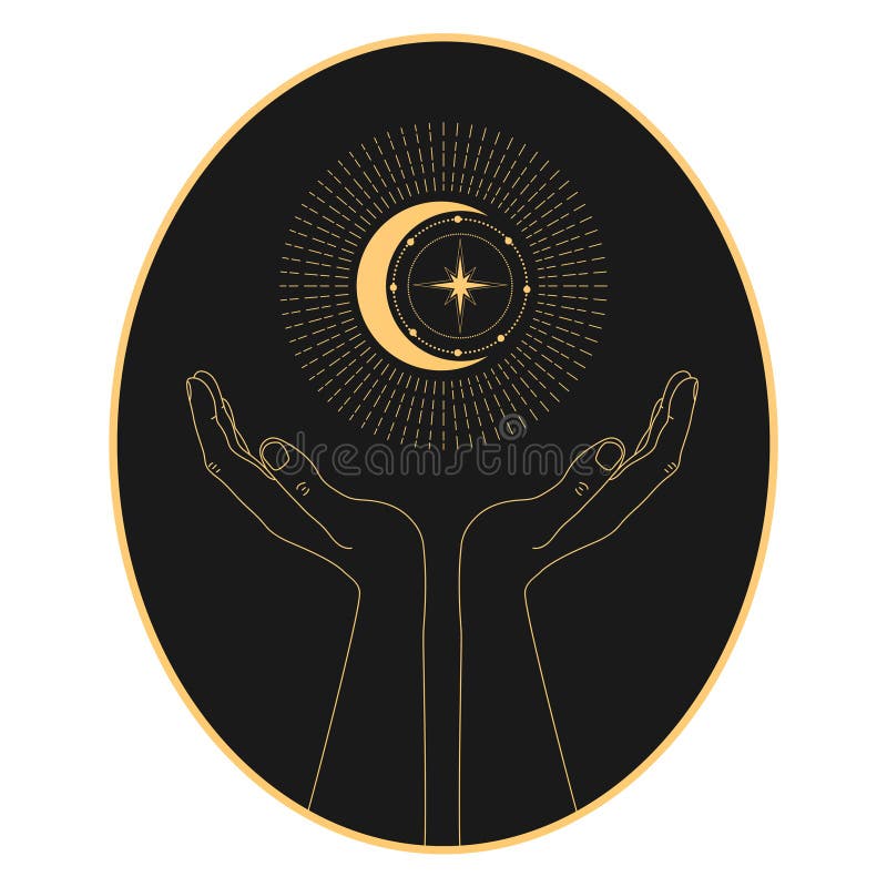 Abstract Celestial Emblem with Human Hands Holding Shining Crescent and ...