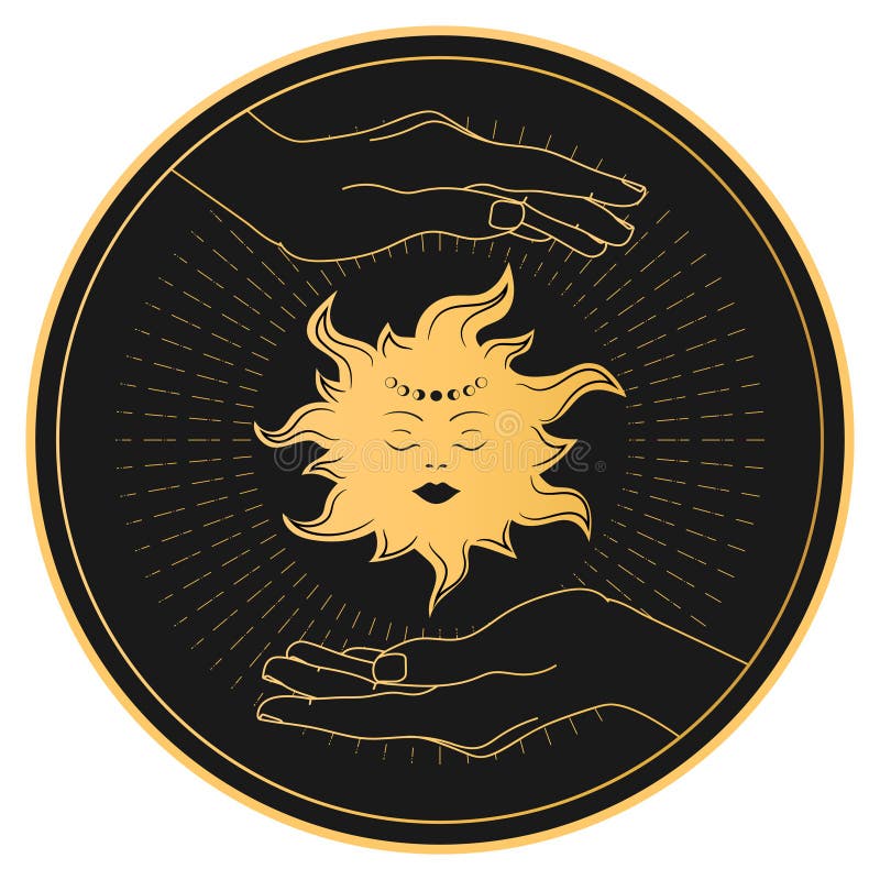 Abstract Celestial Emblem with Human Hands Holding Sun Stock Vector ...
