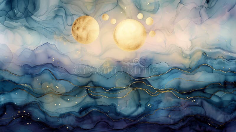 Abstract Celestial Landscape with Two Moons and Swirling Clouds Stock ...