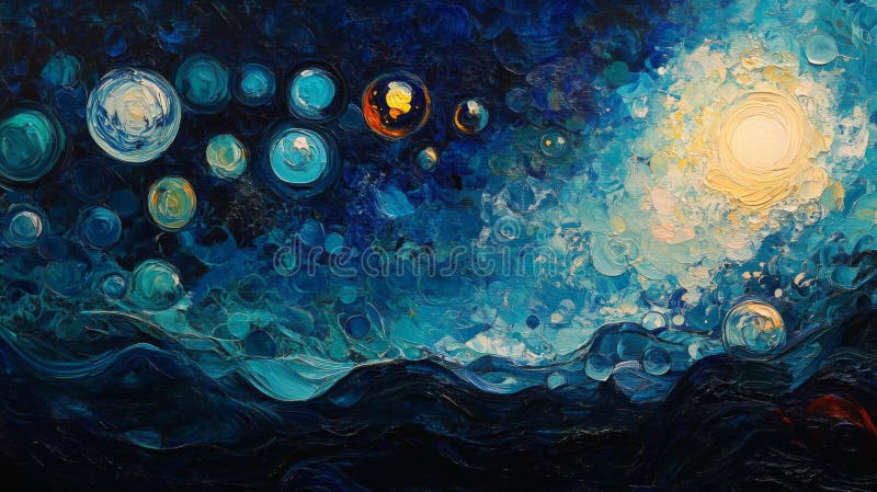 Abstract Celestial Painting Night Sky Bubbles Sun Stock Illustration ...