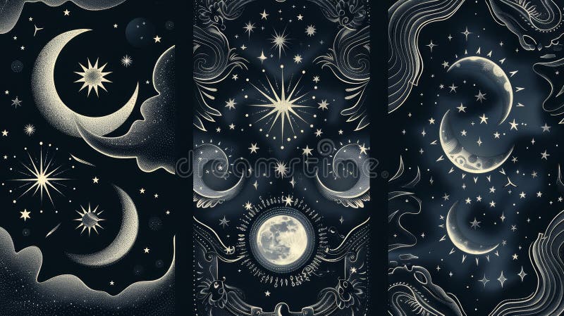 Abstract Celestial Pattern with Crescent Moons, Stars, and Swirling ...