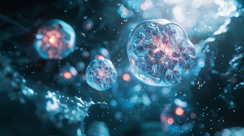 Abstract Cells Floating in a Dark Blue Liquid Abstract 3D of Cells ...