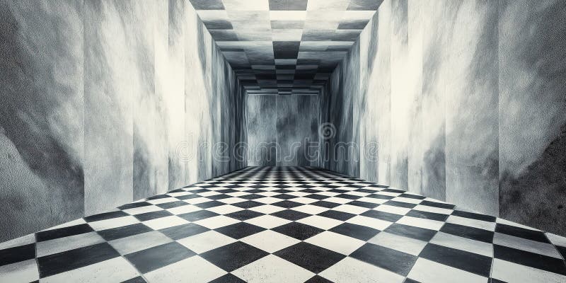 Abstract Checkered Room with Surreal Perspective and Grayscale Tones ...